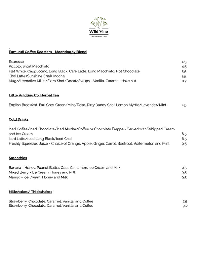 Menus – The Wild Vine Cafe Imbil